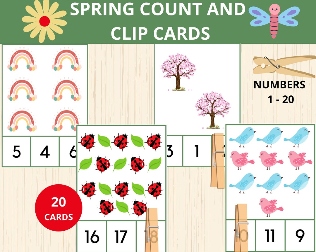 Spring Count and Clip Cards, Spring Activity for Kids,numbers 1-20 ...