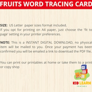 Fruit Word Tracing Cards,words Tracing Flashcards for Kids,fruits ...