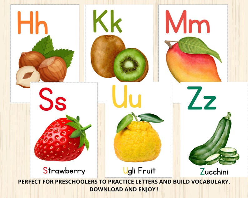 Fruit and Vegetables Alphabet Flashcards,fruit and Veggies Vocabulary ...