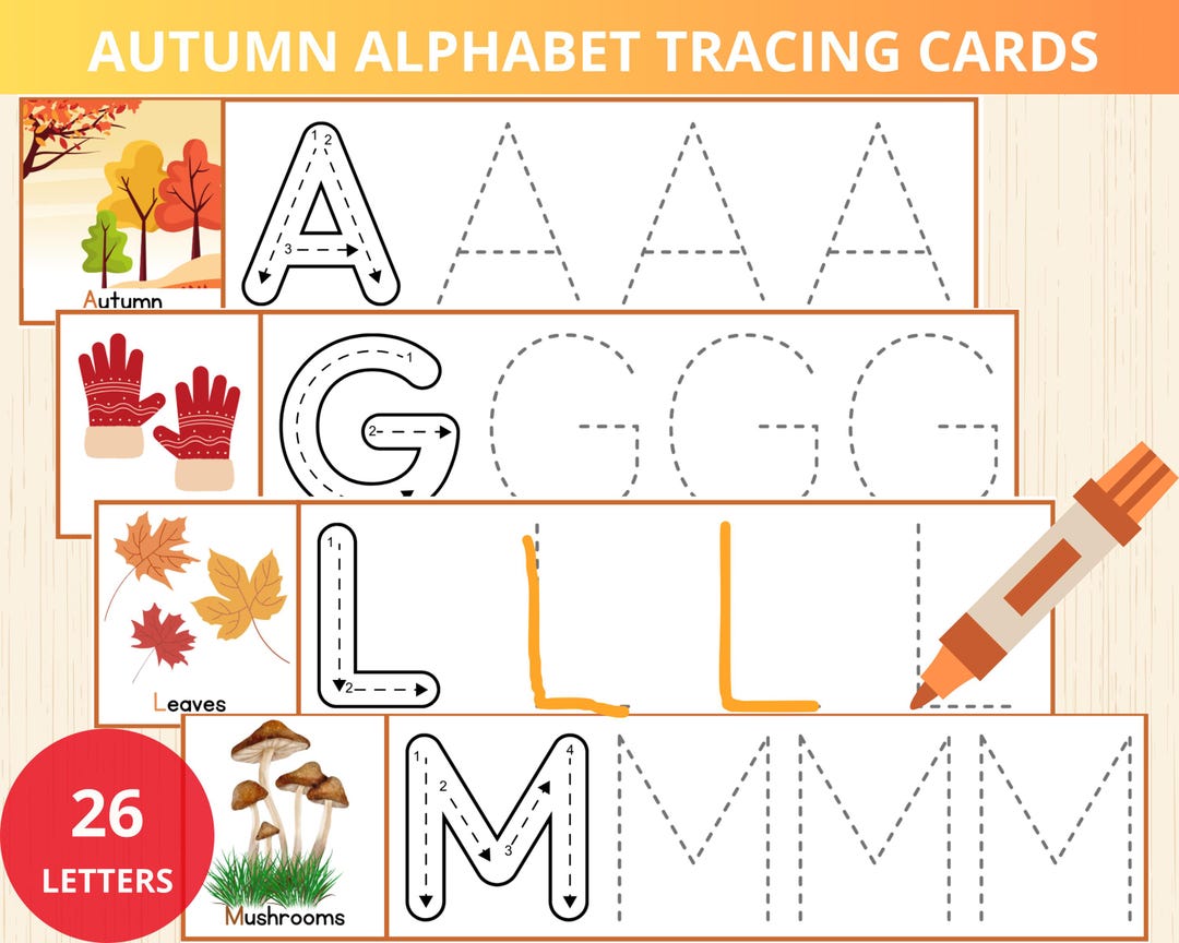 Autumn Alphabet Cards,tracing Letters,fall Letter Tracing,fall Tracing ...
