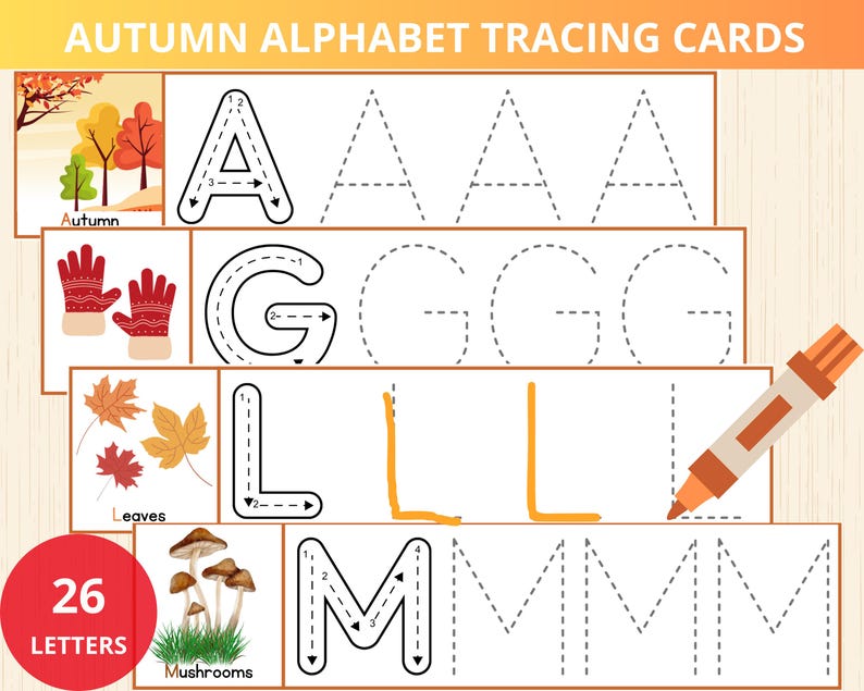Autumn Alphabet Cards,tracing Letters,fall Letter Tracing,fall Tracing ...