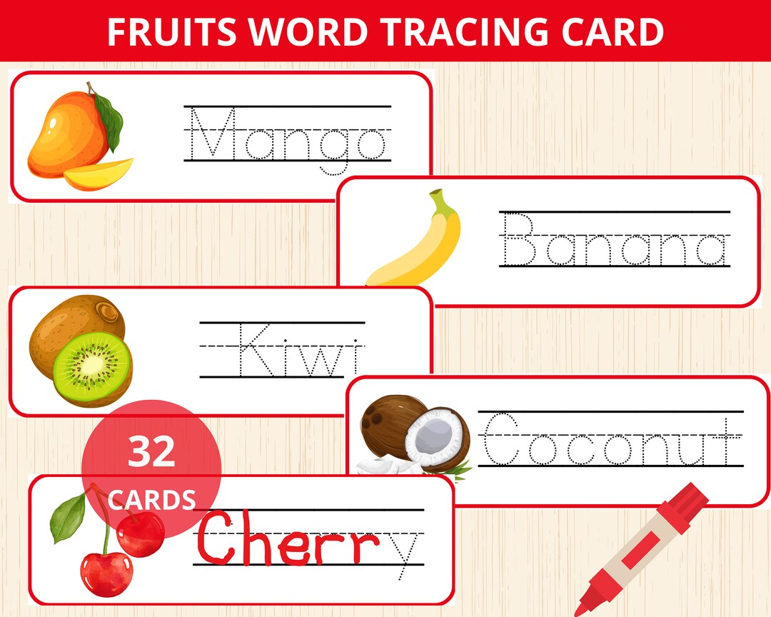 Fruit Word Tracing Cards,words Tracing Flashcards for Kids,fruits ...