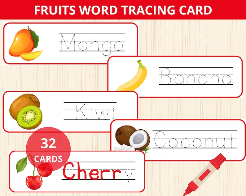 Fruit Word Tracing Cards,words Tracing Flashcards for Kids,fruits ...