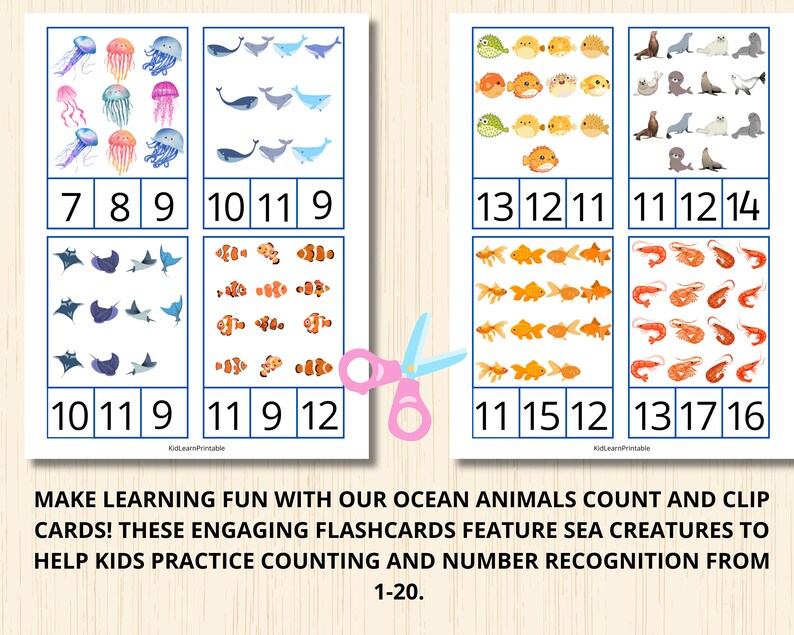 Ocean Animal Count and Clip Cards,numbers 1-20,ocean Animals Flashcards ...
