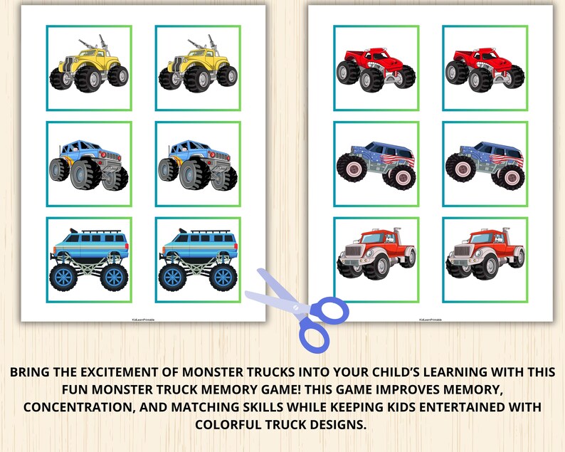 Monsters Truck Memory Game,monster Truck Matching Activity,memory Card ...