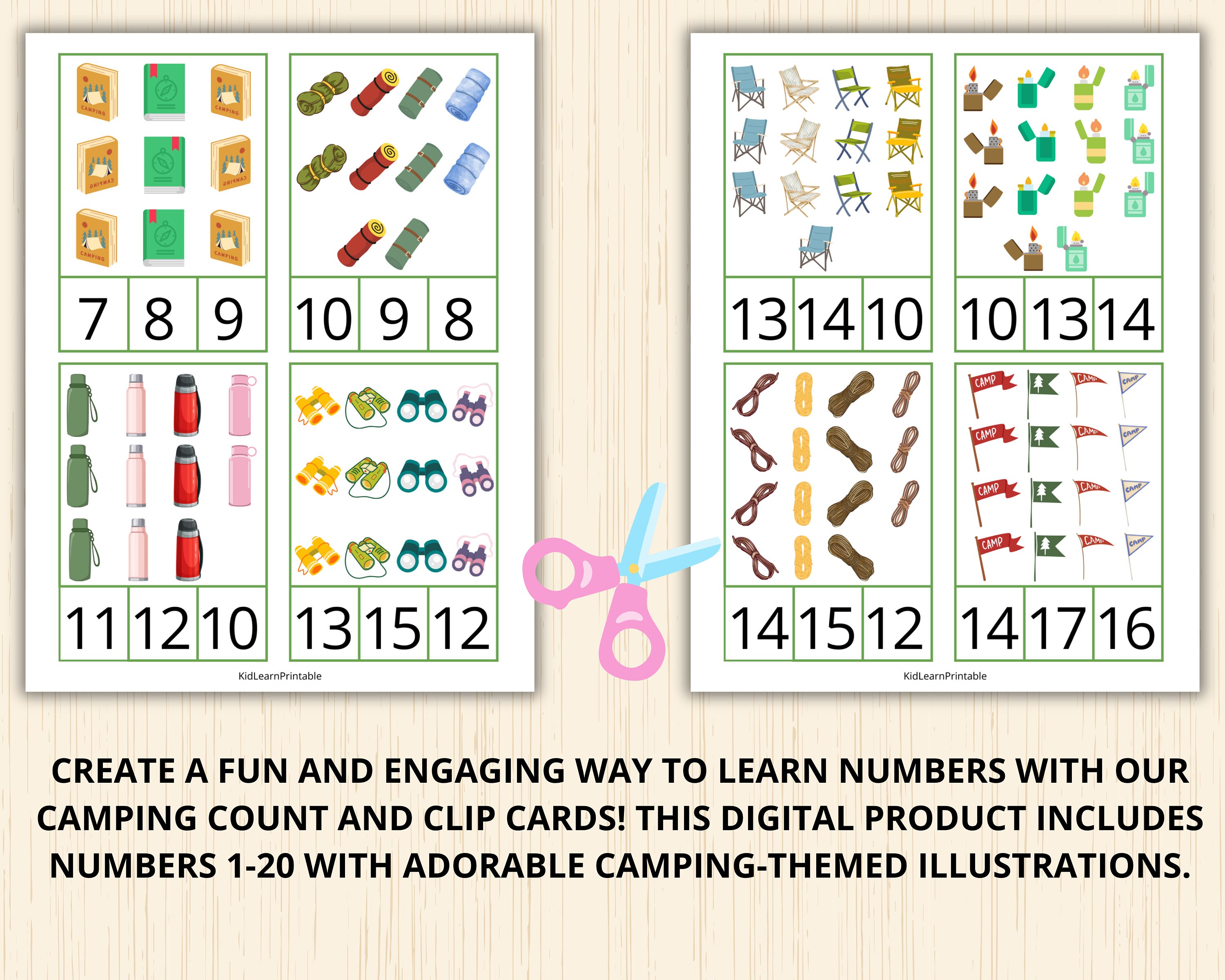 Camping Count and Clip Cards,numbers 1-20,camping Flashcards,summer ...