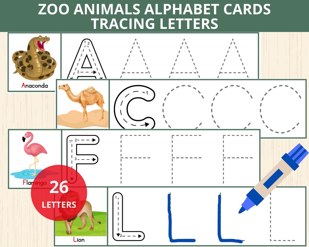Zoo Alphabet Cards Tracing Letters,animal Alphabet Cards,letter Tracing ...