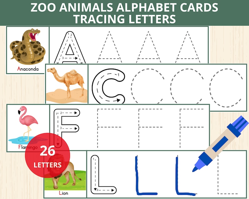 Zoo Alphabet Cards Tracing Letters,animal Alphabet Cards,letter Tracing ...