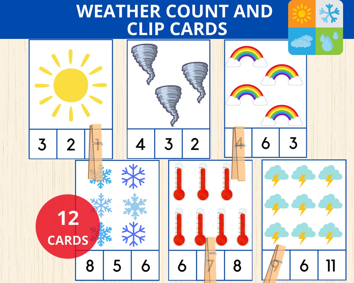 Weather Count and Clip Cards,numbers 1-10,preschool,weather Activities ...