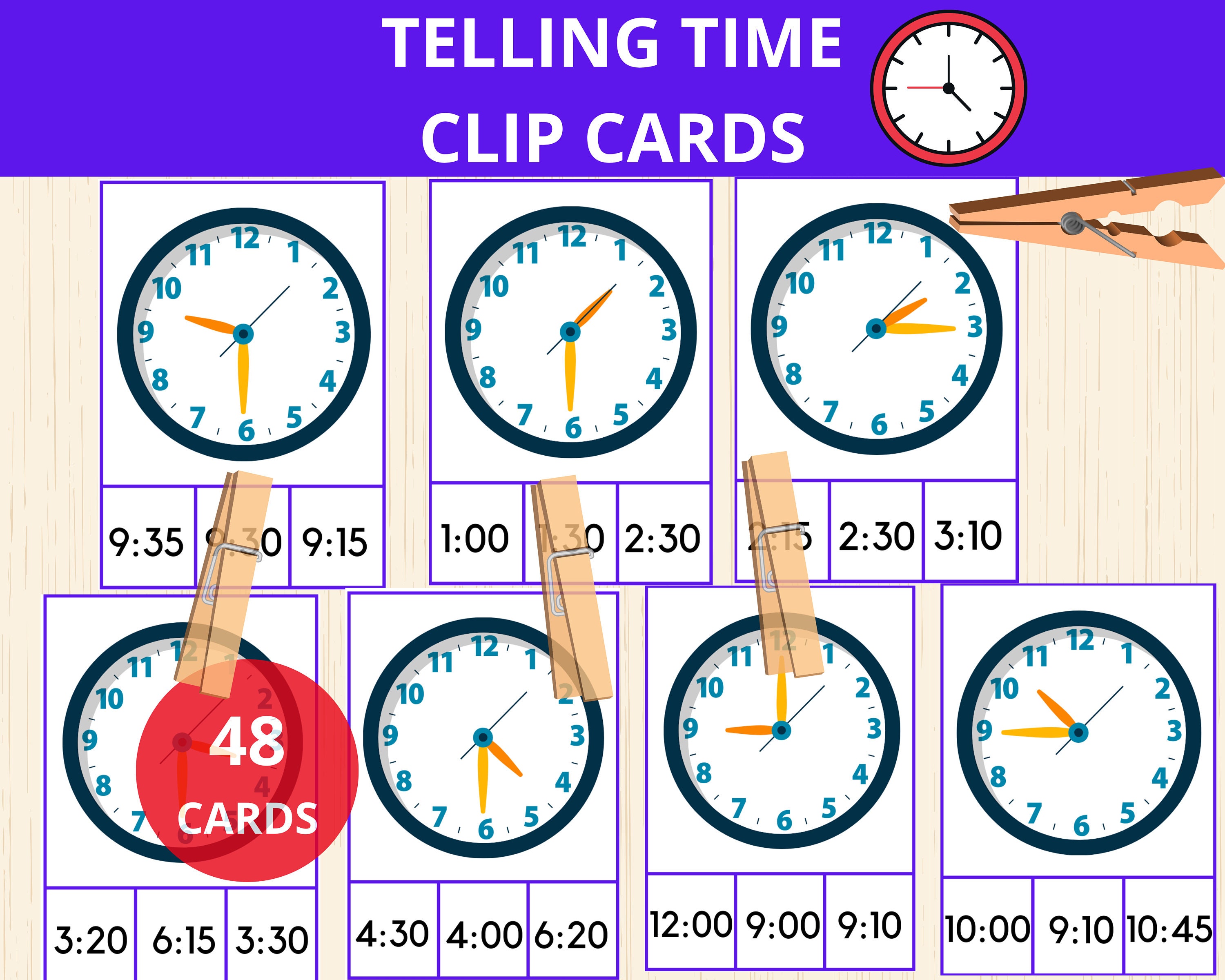 Telling Time Clip Cards,clock Activity,tell the Time Activity,learn the ...