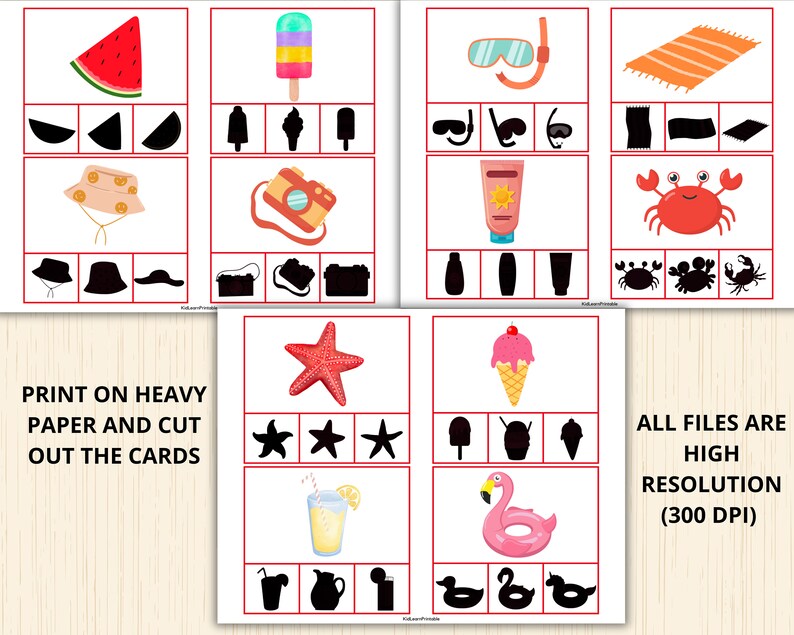 Summer Shadow Clip Cards,silhouette Matching,toddler Summer Matching ...