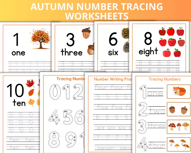 Fall Number Tracing Worksheets,autumn Numbers Writing Practice ...