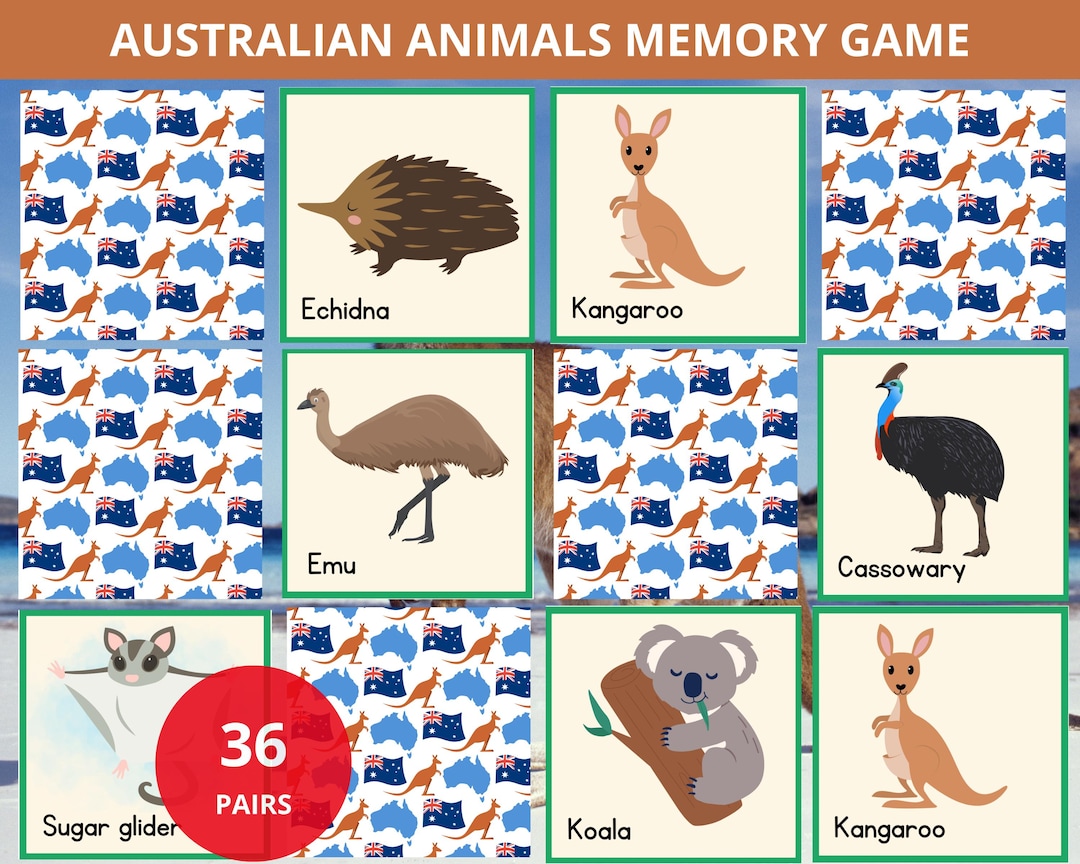 Australia Memory Game,australian Animals Matching Game,wild Animals ...