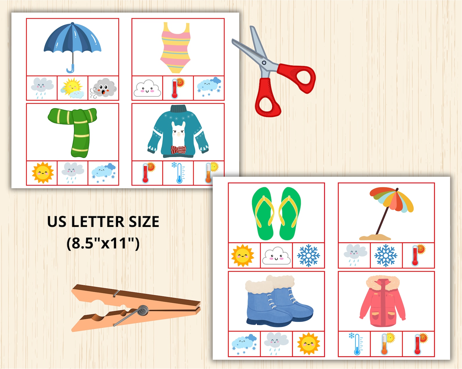 Weather Dressing Clip Cards, Weather Temperature Dressing for Kids ...