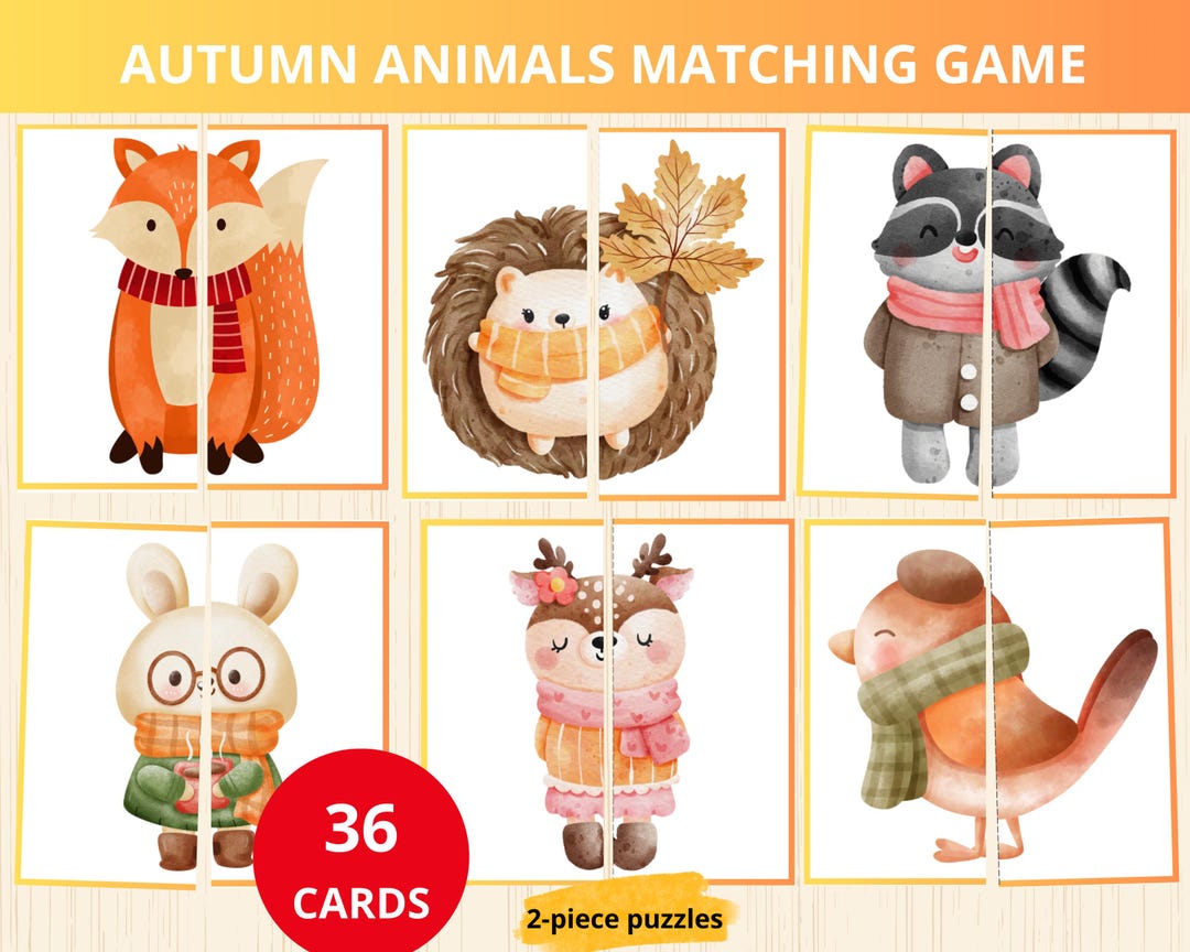 Autumn Animals Matching Game,fall Preschool Activity,matching Game for ...