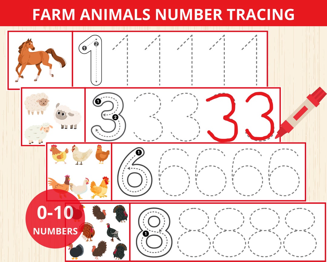 Farm Animal Number Tracing,handwriting Practice,writing Skills,tracing ...