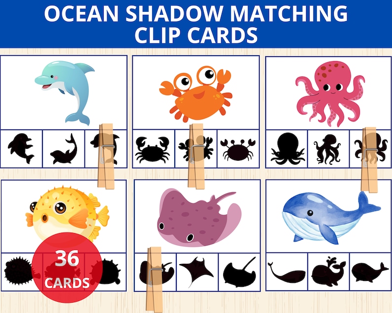 Ocean Animals Shadow Clip Cards,silhouette Matching,summer Matching ...