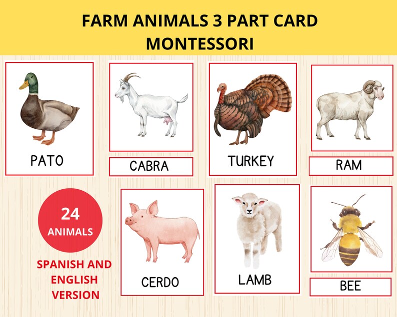 Farm Animals Montessori 3 Part Cards, Montessori Flash Cards, Farm ...