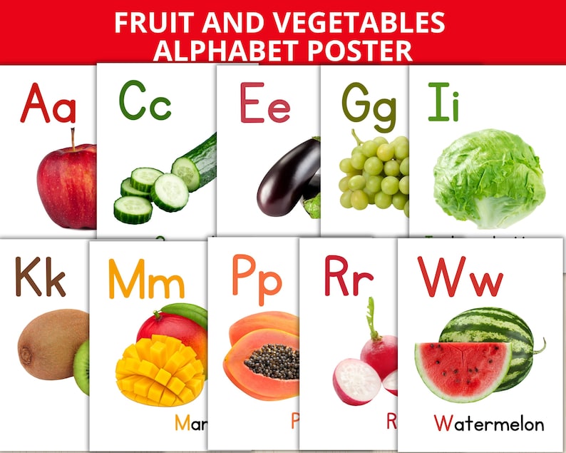 Fruit and Vegetables Alphabet Poster,fruit Flashcards,veggies A to Z ...