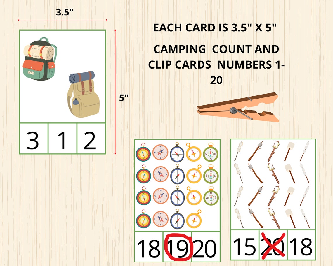 Camping Count and Clip Cards,numbers 1-20,camping Flashcards,summer ...