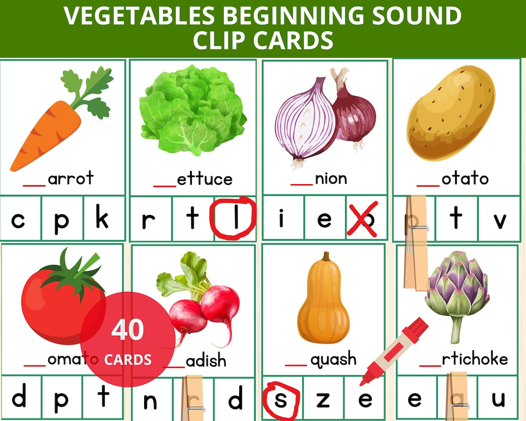 Vegetable Beginning Sound Clip Cards,veggies Montessori Preschool ...