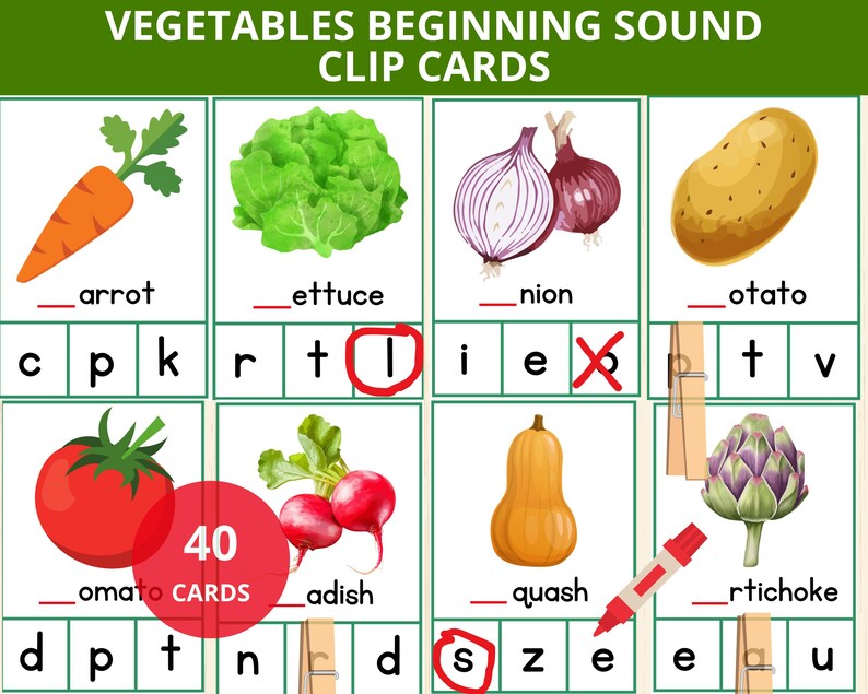 Vegetable Beginning Sound Clip Cards,veggies Montessori Preschool ...