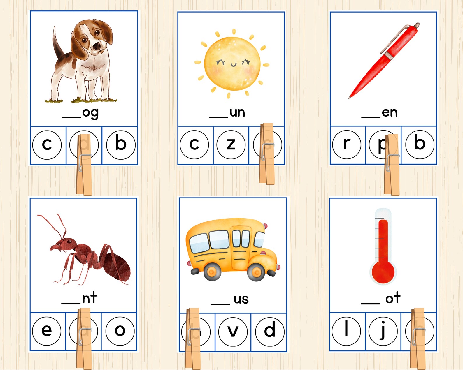 CVC Word Clip Cards, Beginning Sound, Alphabet Phonics, Montessori ...