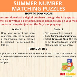 Summer Number Matching,summer Puzzle,counting Activity,preschool,number ...