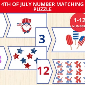 4th of July Number Matching,4th of July Puzzle,counting Activity,number ...