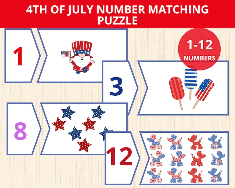 4th of July Number Matching,4th of July Puzzle,counting Activity,number ...