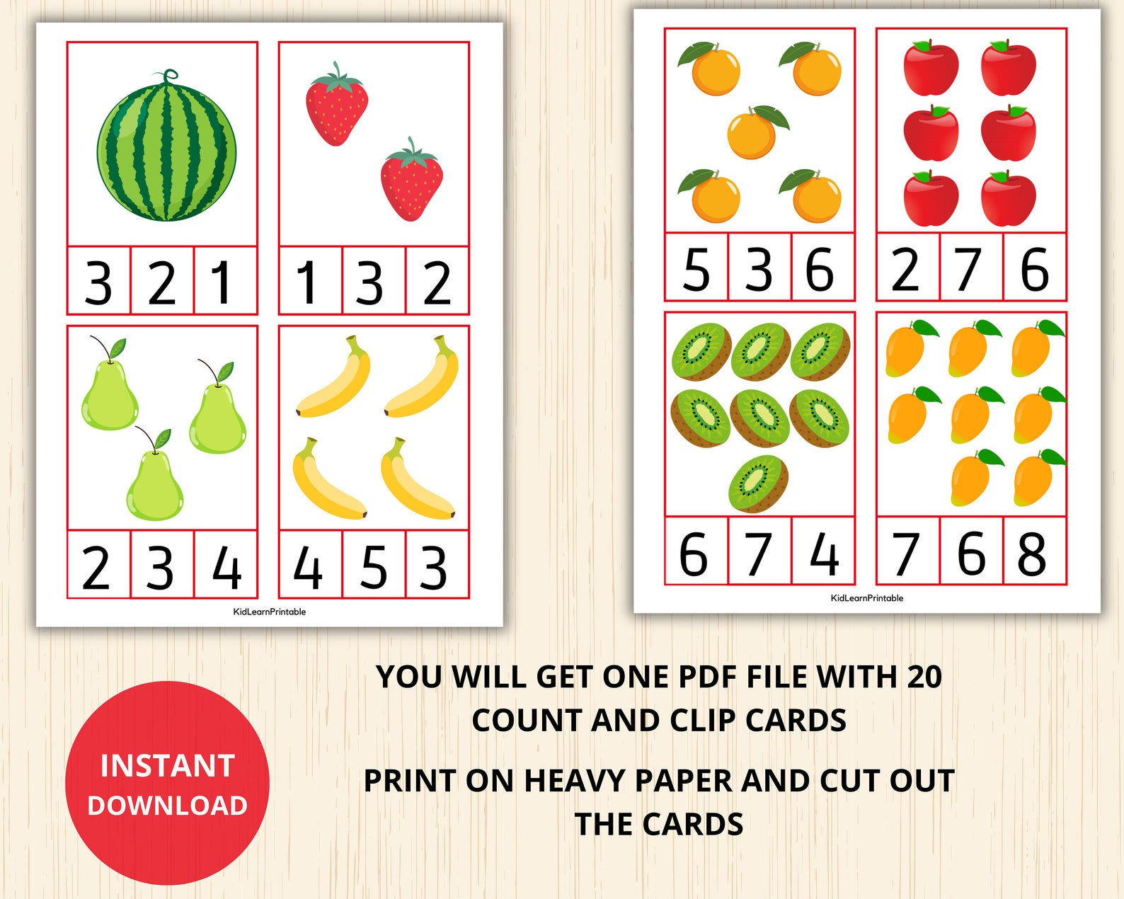 Fruit Count and Clip Cards,numbers 1-20,preschool Math,kindergarten ...