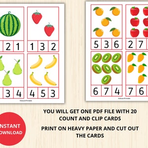 Fruit Count and Clip Cards,numbers 1-20,preschool Math,kindergarten ...