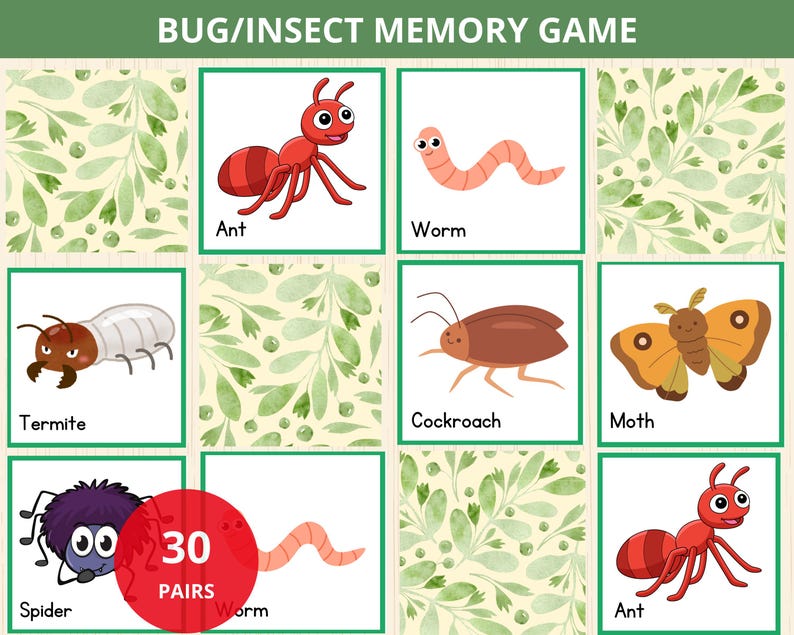 Bug Memory Game,insect Matching Game,bug Memory Cards,montessori Bugs ...