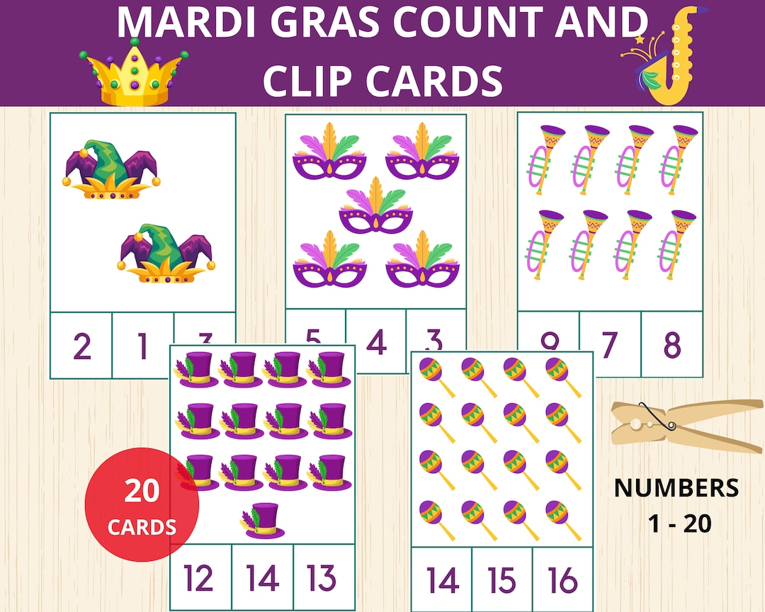 Mardi Gras Count and Clip Cards, Numbers 1-20, Preschool Activity ...