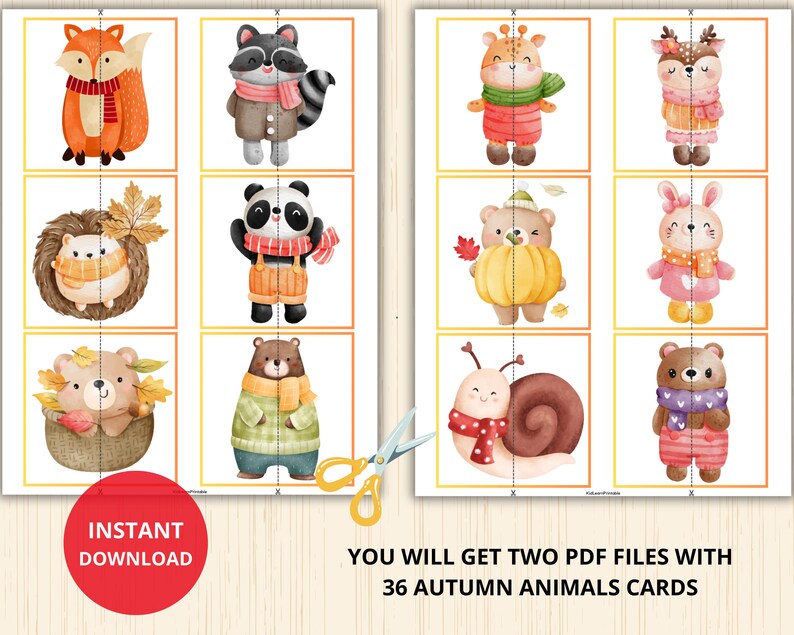 Autumn Animals Matching Game,fall Preschool Activity,matching Game for ...
