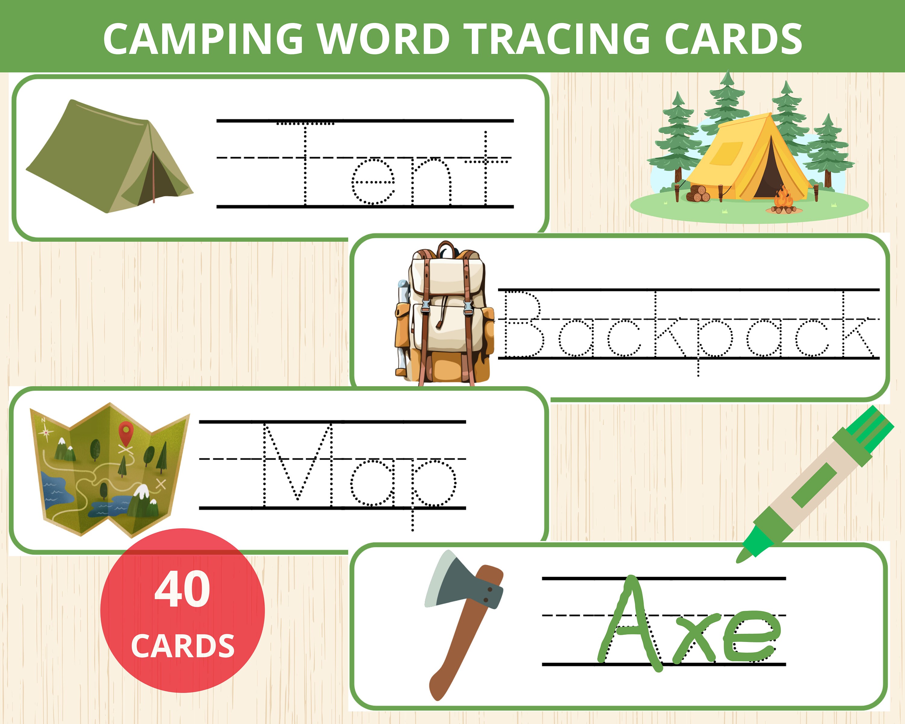 Camping Word Tracing Cards,camping Montessori,camping Flashcards ...