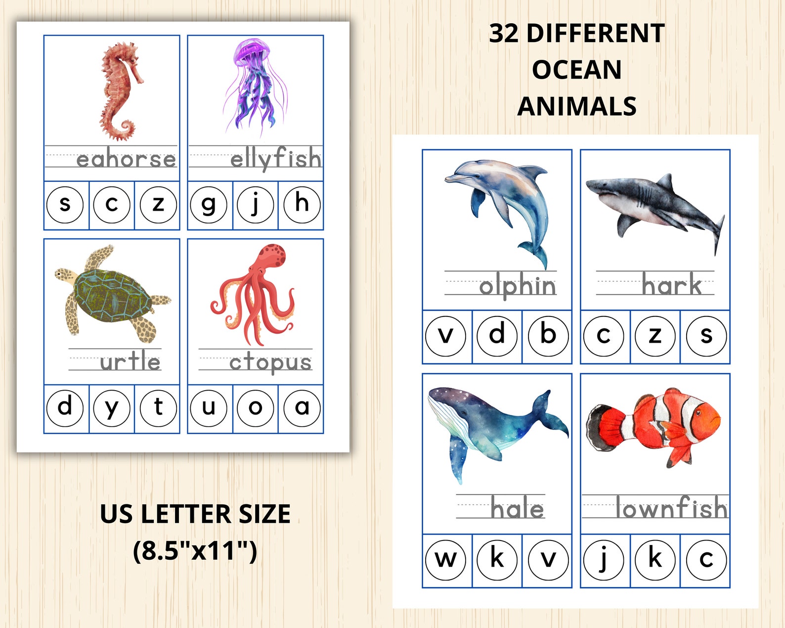 Ocean Animal Phonics Clip Cards, Beginning Sound Activity, Sea Animals ...
