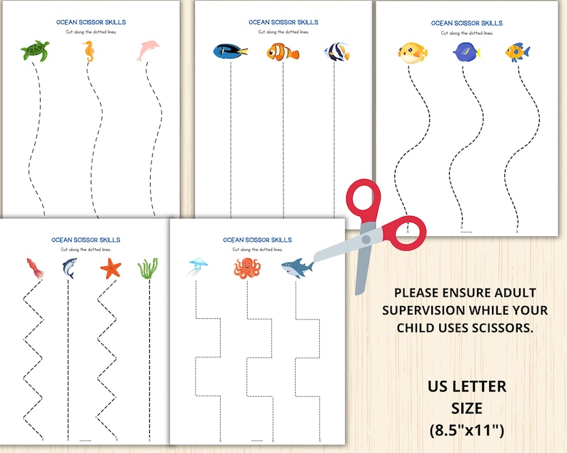 Ocean Animal Cutting Strips,cutting Practice Worksheets,sea Animal ...