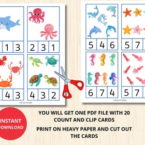 Ocean Animal Count and Clip Cards,numbers 1-20,ocean Animals Flashcards ...