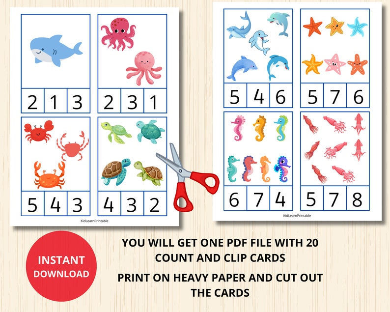 Ocean Animal Count and Clip Cards,numbers 1-20,ocean Animals Flashcards ...