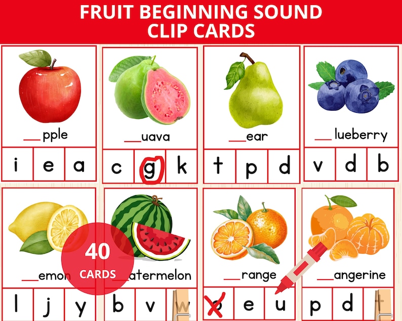 Fruit Beginning Sound Clip Cards,fruit Montessori Preschool,fruit ...