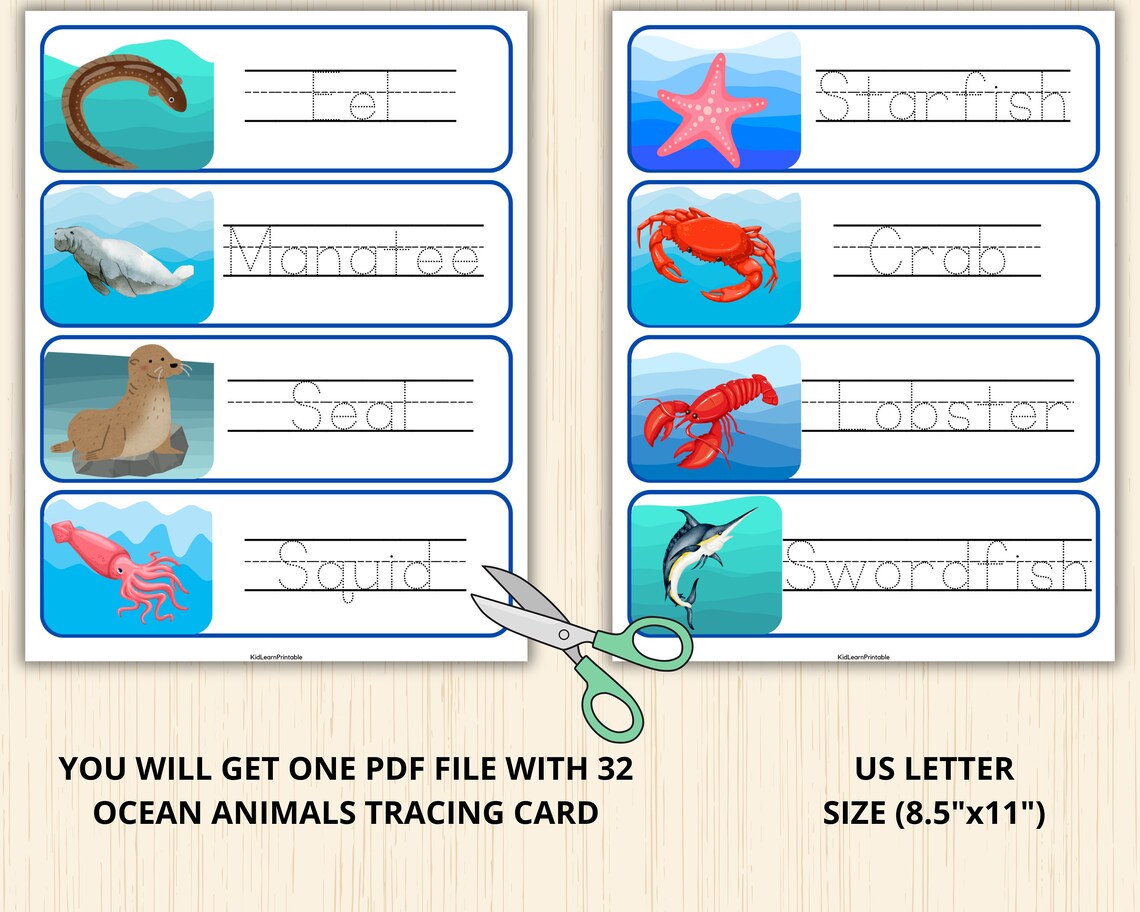 Ocean Animals Word Tracing,sea Animals Words Tracing,summer Montessori ...