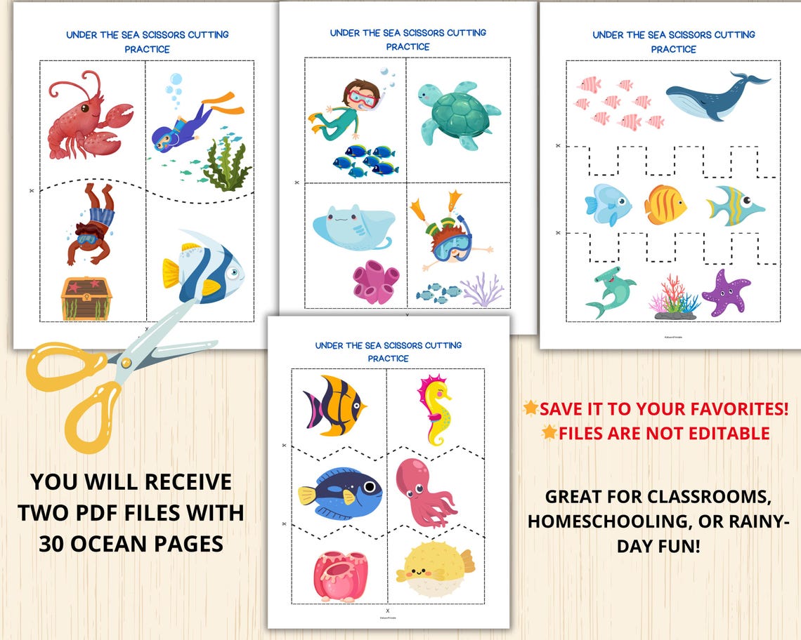 Ocean Animal Cutting Strips,cutting Practice Worksheets,sea Animal ...