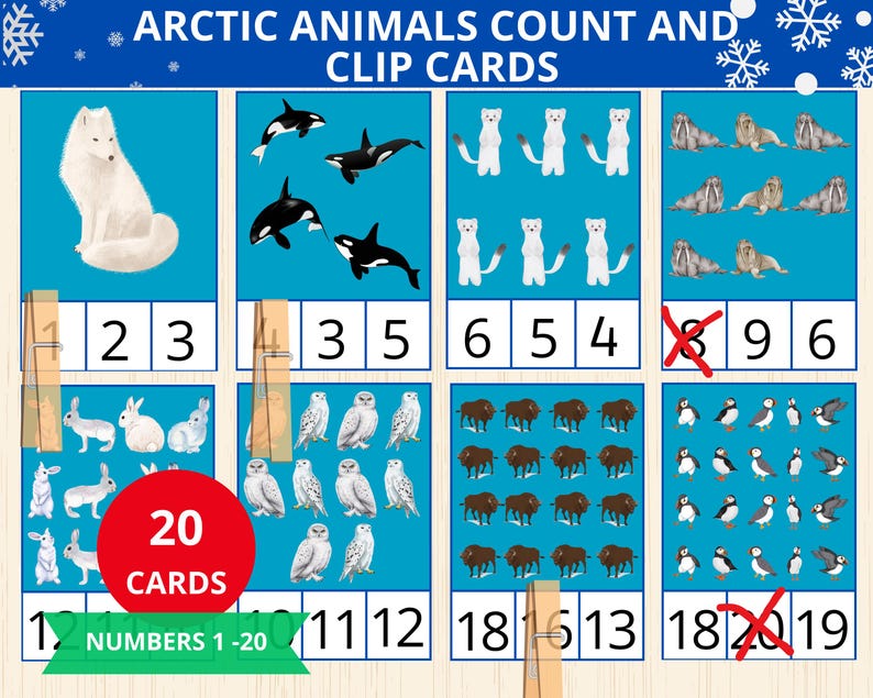 Arctic Animals Count and Clip Cards,polar Animals Cards,winter ...