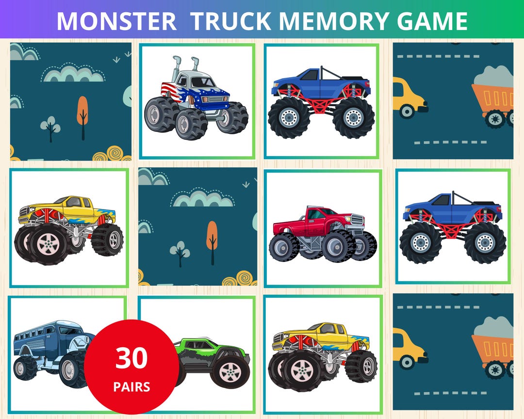 Monsters Truck Memory Game,monster Truck Matching Activity,memory Card ...