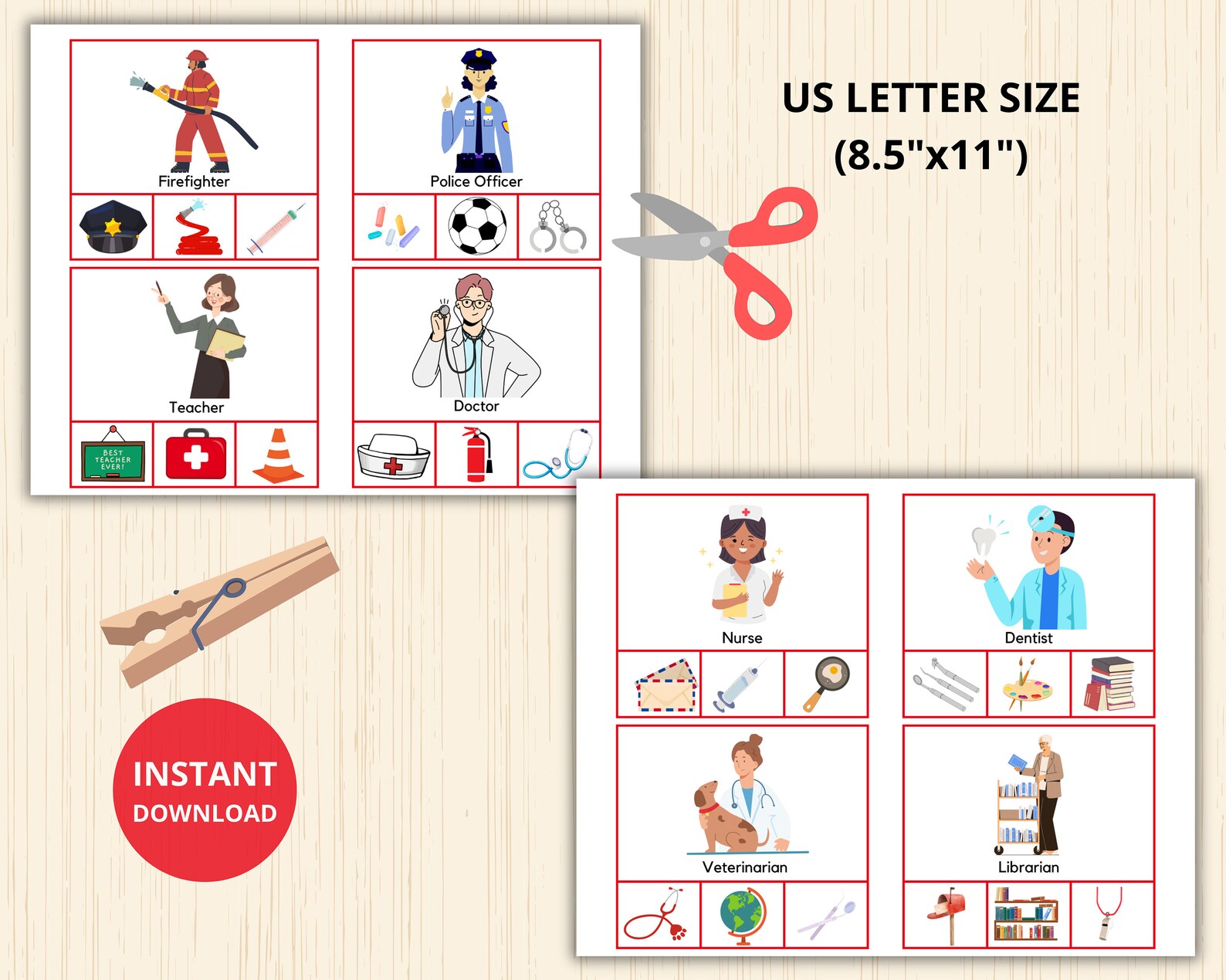 Occupations Cards,community Helpers Clip Card,professions Printable ...