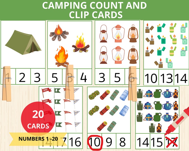 Camping Count and Clip Cards,numbers 1-20,camping Flashcards,summer ...