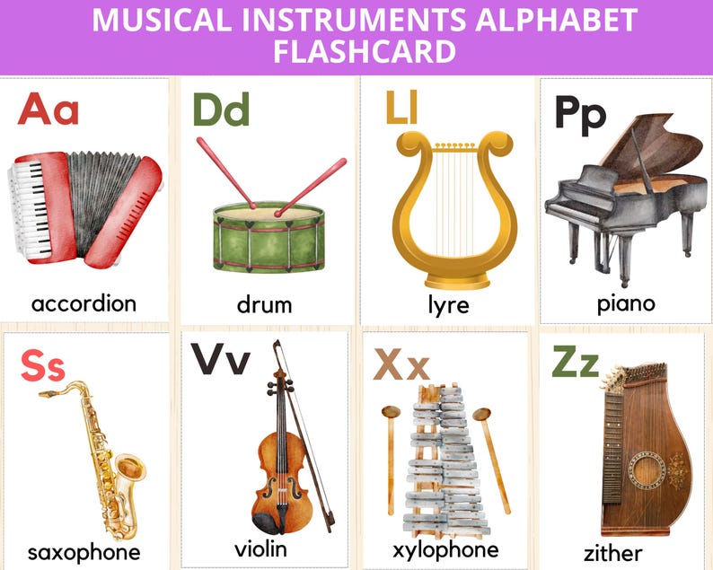 Musical Instruments Alphabet Cards,music Instruments Flashcards,music ...