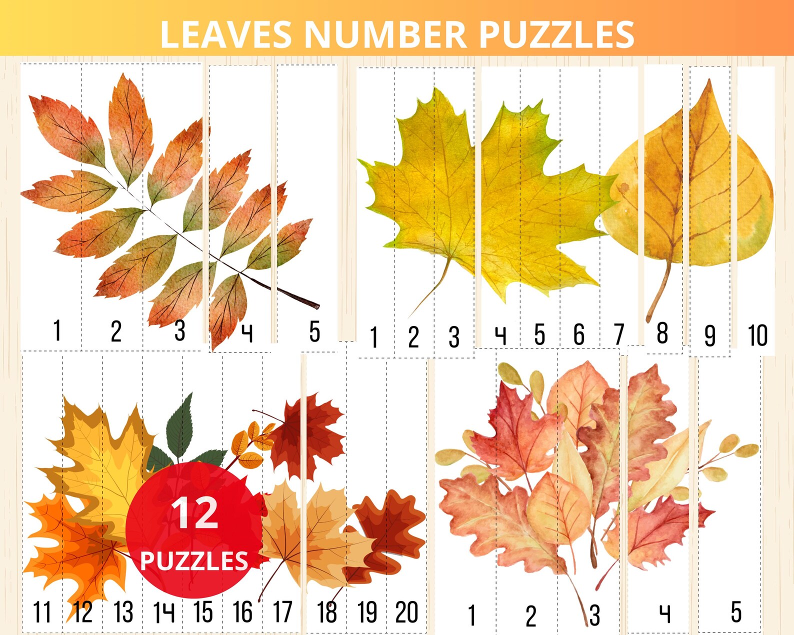 Fall Leaves Number Puzzles,autumn Preschool Math Activity,leaf Puzzle ...