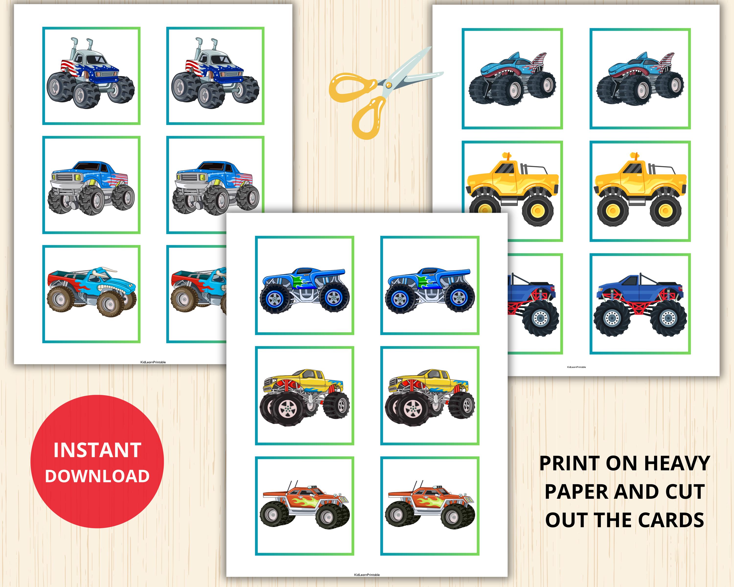 Monsters Truck Memory Game,monster Truck Matching Activity,memory Card ...